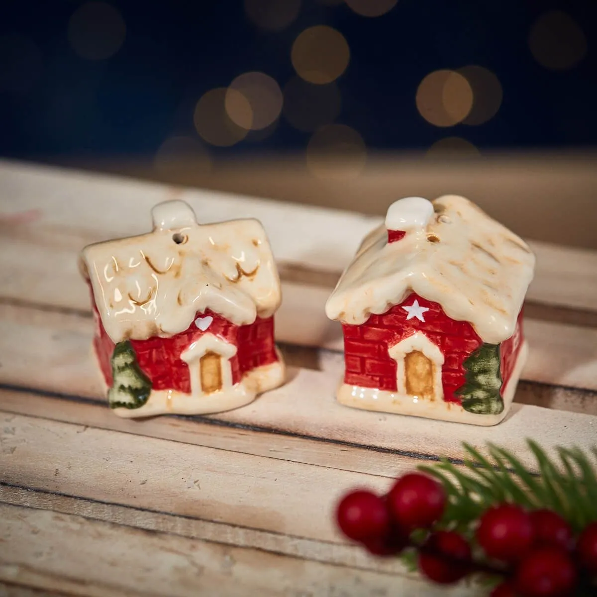 Xmas Cottage Salt & Pepper Set Red Embossed Ceramic With Trees ...